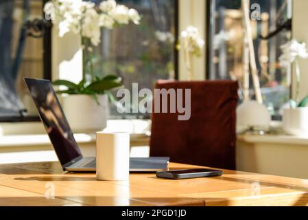 Remote working area with laptop setup to work from home Stock Photo - Alamy