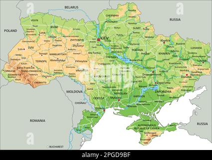 High detailed Ukraine physical map with labeling Stock Vector Image ...