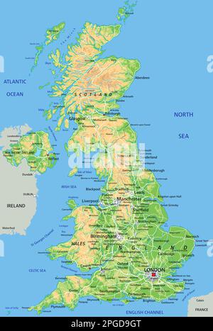 High detailed United Kingdom physical map with labeling Stock Vector ...
