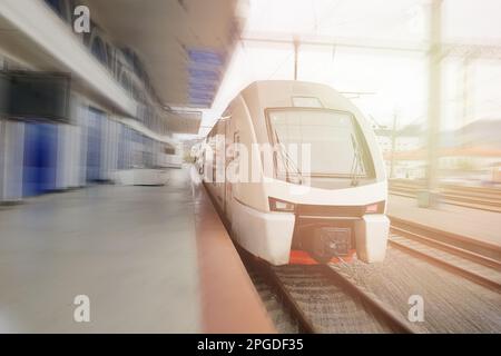 Fast modern electric train on the railway station, front view Stock ...