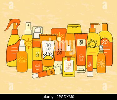 Set of SPF bottles, tubes on sand background. Sunscreen protection and ...