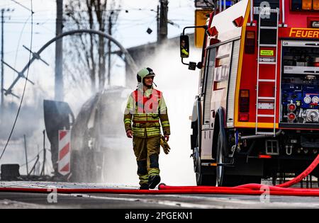 Dresden, Germany. 22nd Mar, 2023. Firefighting operation around a gas ...