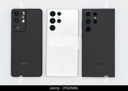 High angle view of three flagship Samsung Galaxy smartphones side by ...