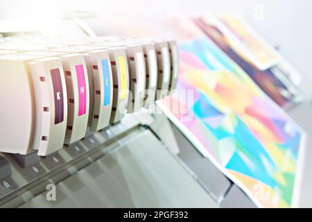Cartridges color for wide format plotter on grey background. Bright ...