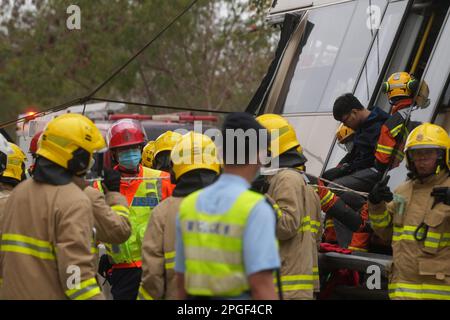 A double decker KMB bus, on route 290A from Tseung Kwan O to Tsuen Wan ...