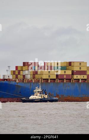 Container ship MSC Mirella leaving the Port of Felixstowe assisted by ...