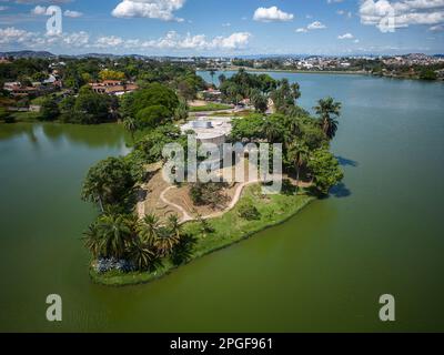 Beautiful drone view to modern museum building near lake on green area ...