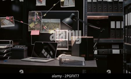 Empty incident room filled with clues and case files, evidence map with ...