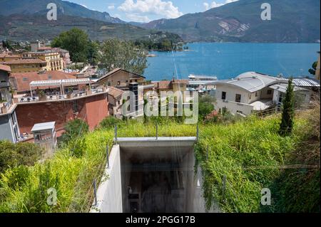 The Riva funicular, the Bastione Scenic Lift from Riva town on Lake ...