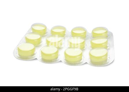 Blister with yellow cough drops isolated on white Stock Photo - Alamy