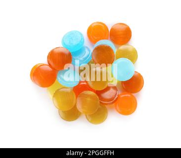 Many different color cough drops on white background Stock Photo - Alamy