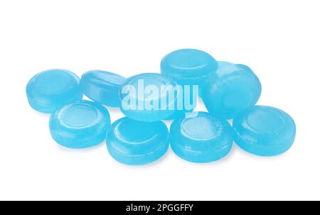 Many light blue cough drops on white background Stock Photo - Alamy