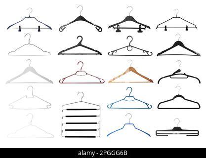 Set with different empty hangers on white background Stock Photo - Alamy
