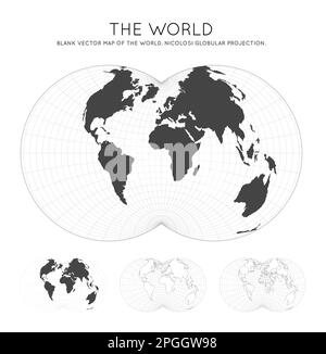 World map with longitude lines. Nicolosi globular projection. Plain ...