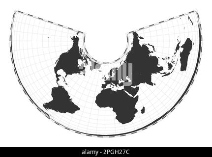 World map with longitude lines. Conic equidistant projection. Plan ...