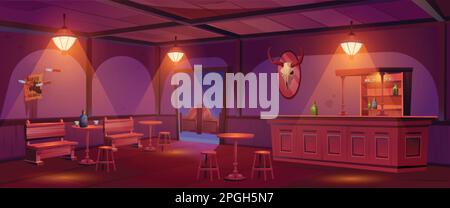Wild west pub interior with furniture and decor. Vector cartoon ...