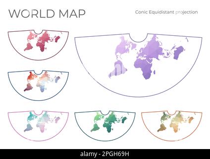 World map connection. Conic Equidistant projection. Green low poly ...