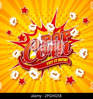 Cartoon movie pop corn burst. Popcorn snack explosion. Vector pop art ...
