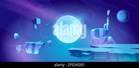 Alien planet landscape with rocks, cracks and glowing spots. Vector ...