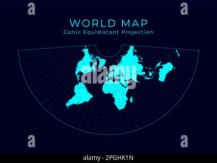Illustration of global network. Conic Equidistant projection. World ...