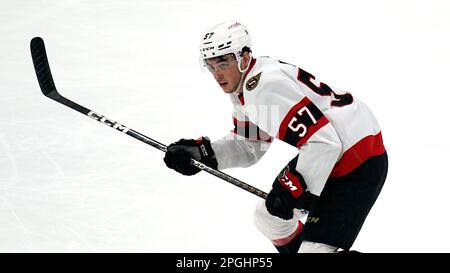 Ottawa Senators center Shane Pinto (57) reacts after scoring on New ...