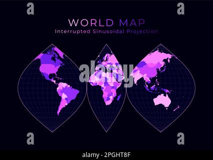 World Map. Sinusoidal projection. Digital world illustration. Bright ...