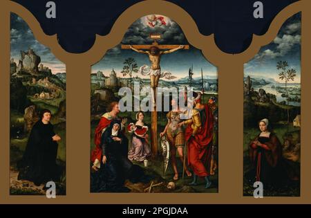 Triptych of The Crucifixion Flanked by the Kneeling Donor and His Wife, by Joos van Cleve, view ...