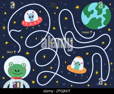 Space labyrinth maze help to ufo find a planet. Kids vector worksheet ...