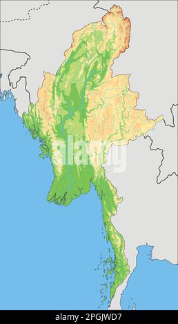 Highly detailed physical map of the Myanmar,in vector format,with all ...