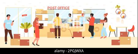 Customer receiving parcels at counter of post office. Cartoon postal ...