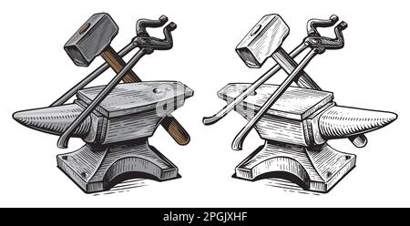 Anvil, hammer, tongs. Metal working tools. Blacksmith, ironwork concept ...