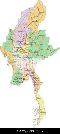 Myanmar - Highly detailed editable political map with labeling Stock ...