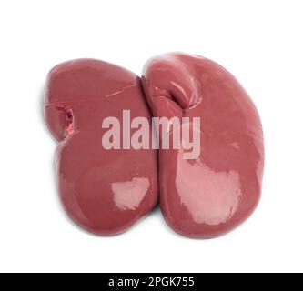 Fresh raw pork kidneys on white marble table, top view. Space for text ...