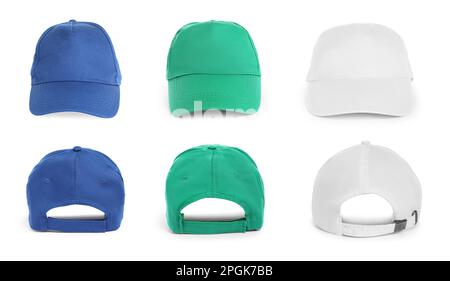 Set with stylish baseball caps on white background. Banner design Stock ...