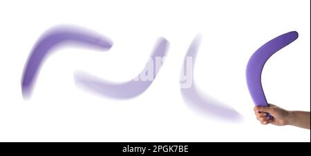 Purple boomerang isolated on white. Outdoors activity Stock Photo - Alamy
