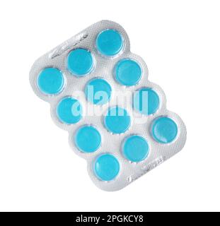 Blister with blue cough drops isolated on white Stock Photo - Alamy
