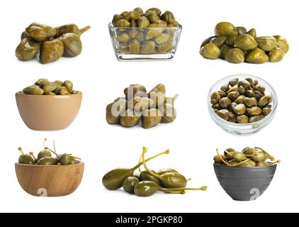 Set with pickled capers on white background. Banner design Stock Photo ...