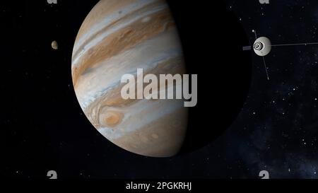 Space probe flying to Jupiter. Space exploration. 3D illustration Stock ...