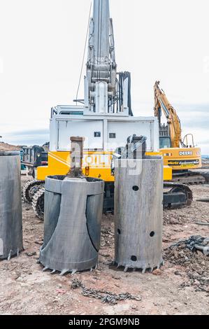 Drill bits hole saw for drill rig drill for wood on wooden table Stock ...