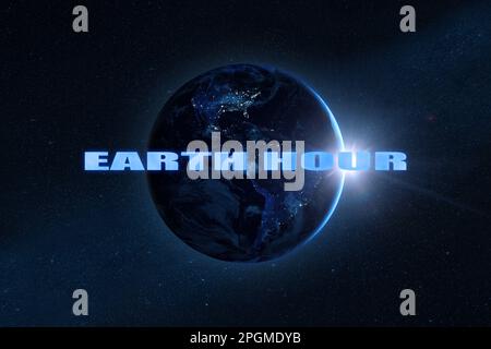Earth hour 2023 event. Earth planet with sunlight in outer space. Turn ...