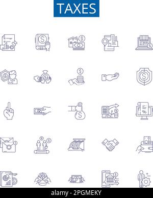 Taxes line icons, signs set. Levy, Duty, Tariff, Excise, Deduction, Withholding, Collection ...