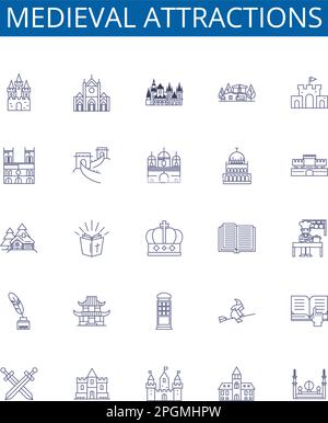 Medieval attractions line icons signs set. Design collection of Castles ...