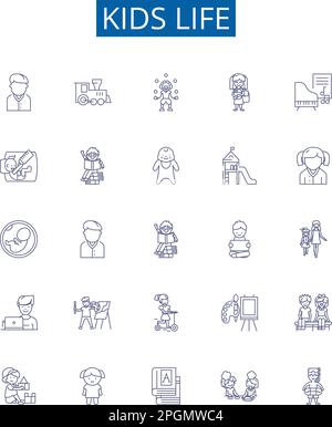 Kids life line icons, signs set. Children, fun, growth, learning ...