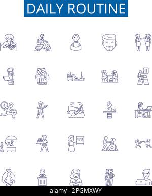 Daily routine line icons signs set. Design collection of Wake, Eat, Work, Study, Exercise, Play ...