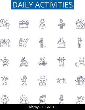 Daily activities line icons, signs set. Routine, Exercise, Work, Study ...