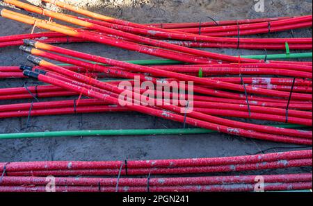 Power lines, underground cable strings transporting energy from wind ...