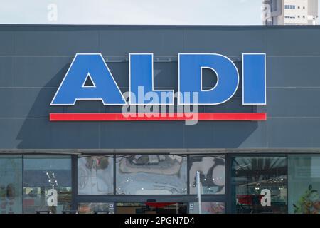 Finestrat, Spain - March 2, 2023: Aldi logo sign on the store wall ...