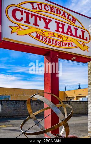 A sundial stands in front of Lucedale City Hall, March 20, 2023, in ...