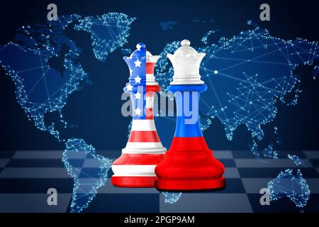 Chess pieces in color of Russian and European Union flags against world ...