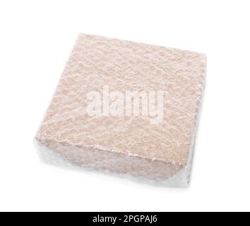 Cardboard box packed in bubble wrap isolated on white Stock Photo - Alamy